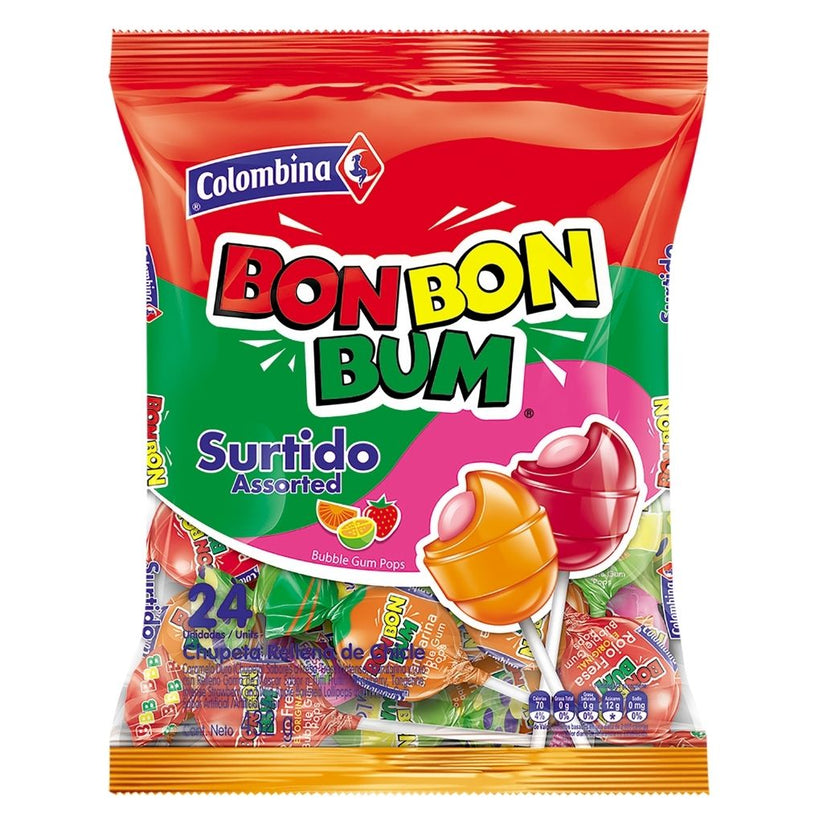Bon Bon Bum Lollipop with gum Mix Flavours Pack of 24 (456g) – Cheeky Foods